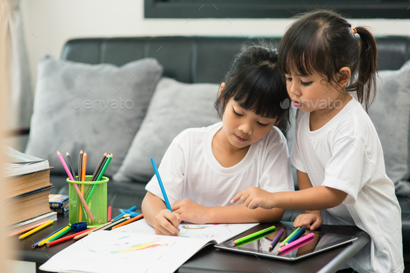 Home school kid concept. Little children study online learning from ...