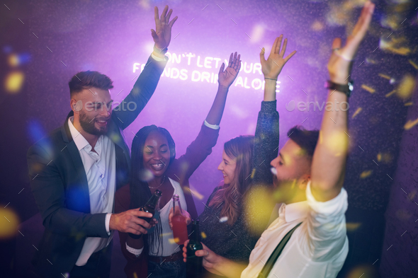 Happy group of friends dancing on a party in a club Stock Photo by ...