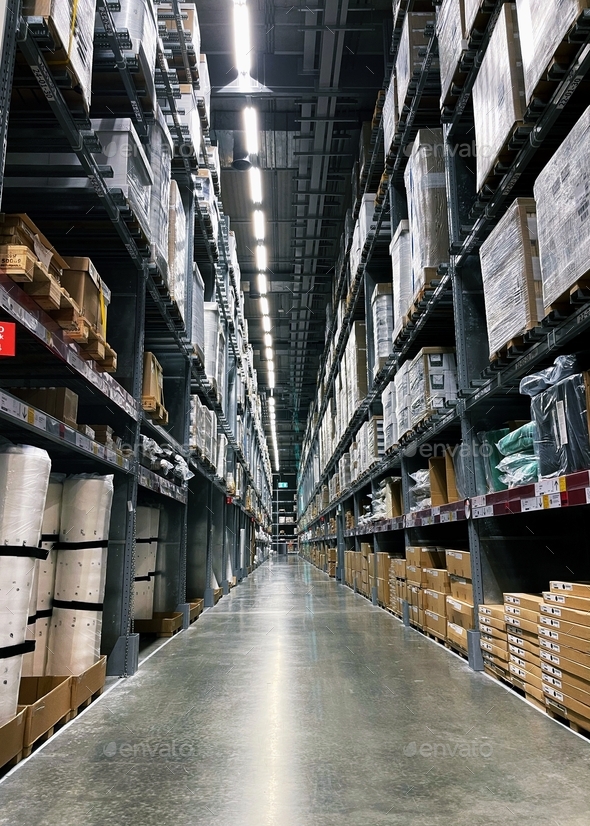 Perspective view of warehouse indoor background Stock Photo by wandeaw