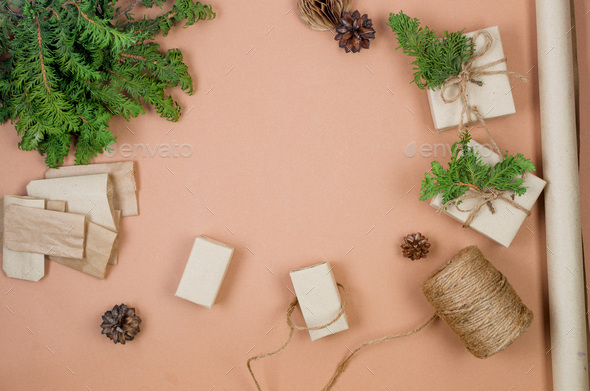 Christmas wrapping background with gift boxes in craft paper Stock ...