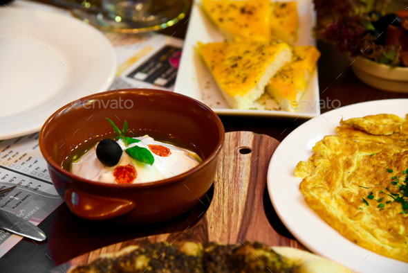 Arabian Breakfast on wooden table - labaneh Stock Photo by ActiorJordan