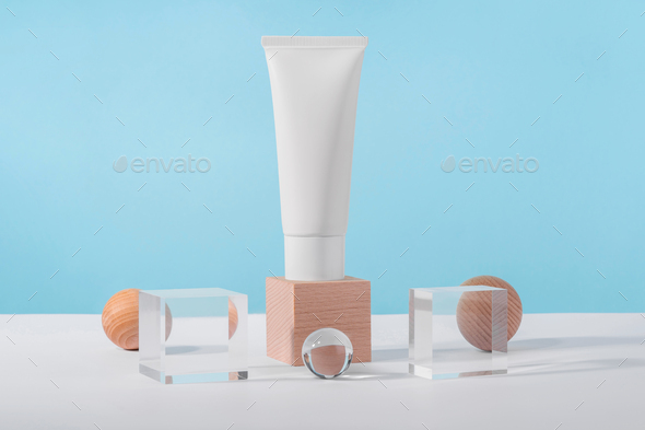 Medical skincare and cosmetic cream mockup on wooden block pedestal ...