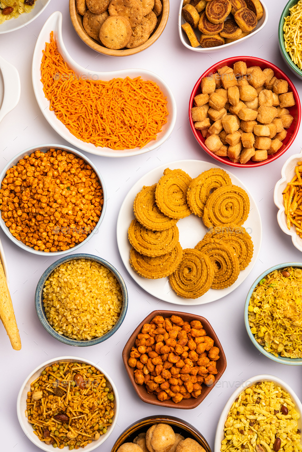 Indian Tea time snacks in group. Sev, chivda, farsan, mixture ...