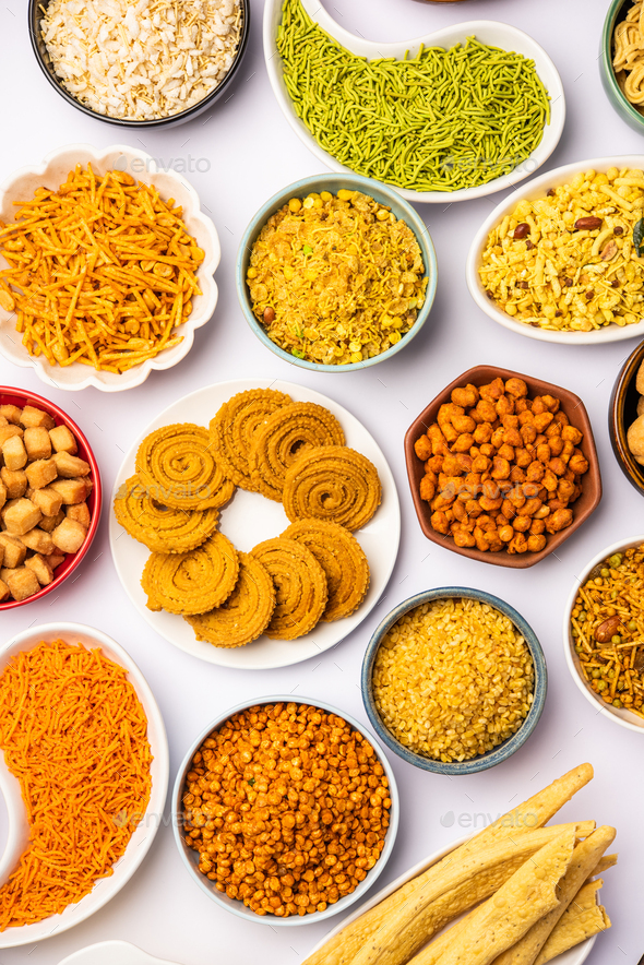 Indian Tea time snacks in group. Sev, chivda, farsan, mixture ...