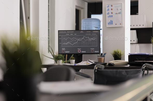 Computer in office wheelchair accessible with annual data Stock Photo ...