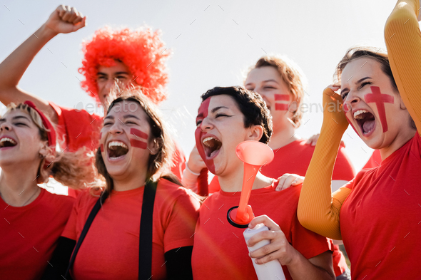 Red sport football fans celebrate team victory in championship soccer ...