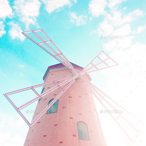 Pink windmill Holland spring ethereal travel Stock Photo by breejeanjohnson