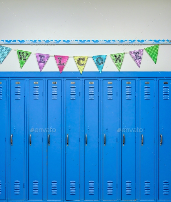 Bright blue school lockers with a welcome banner welcoming students ...