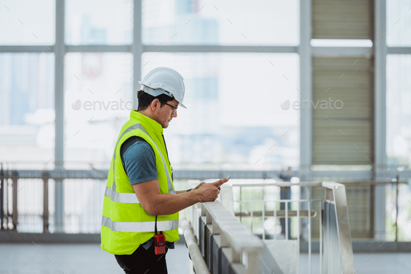 engineer under inspection and checking construction process railway ...