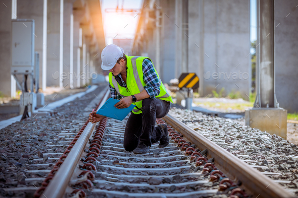 engineer under inspection and checking construction process railway ...