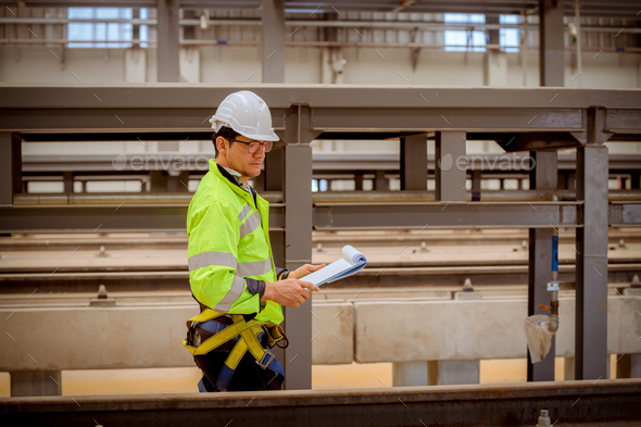 engineer under inspection and checking construction process railway ...