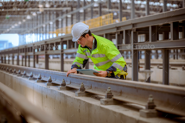 engineer under inspection and checking construction process railway ...