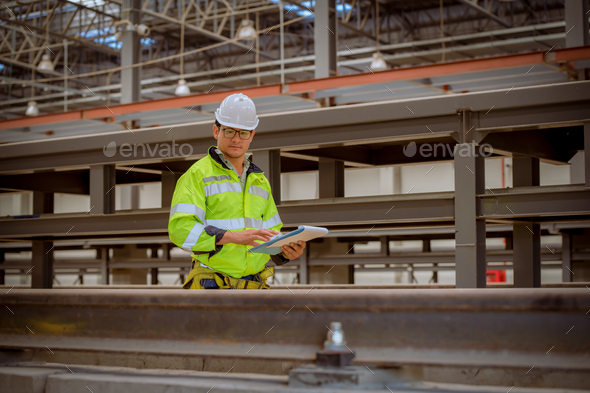 engineer under inspection and checking construction process railway ...