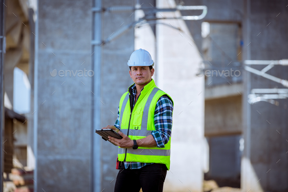 engineer under inspection and checking construction process railway ...