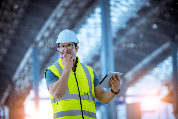 engineer under inspection and checking construction process railway ...