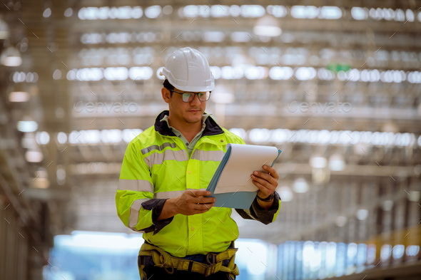 engineer under inspection and checking construction process railway ...