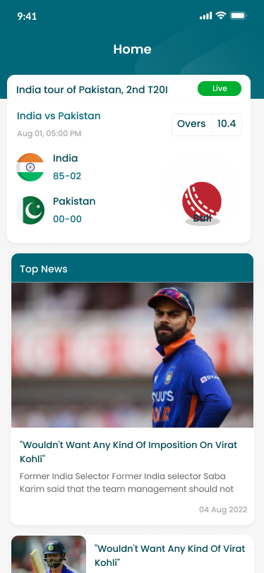 CrickScor - Fresh Flutter App Ui Template for Cricket Score by jpatgir
