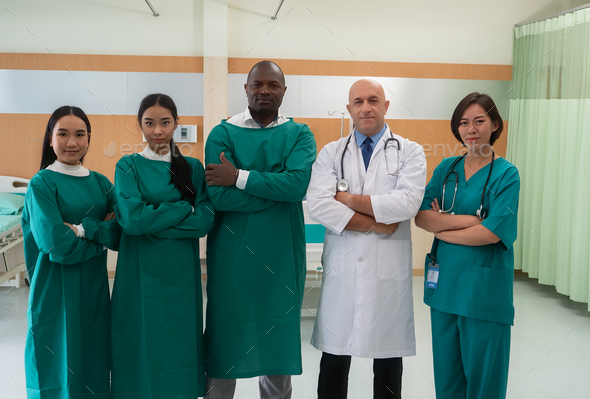 In hospital diversity Doctor standing in line proud pose portrait in ...