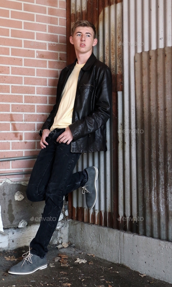 Vertical portrait of Generation Z male posing in alley of brick and ...