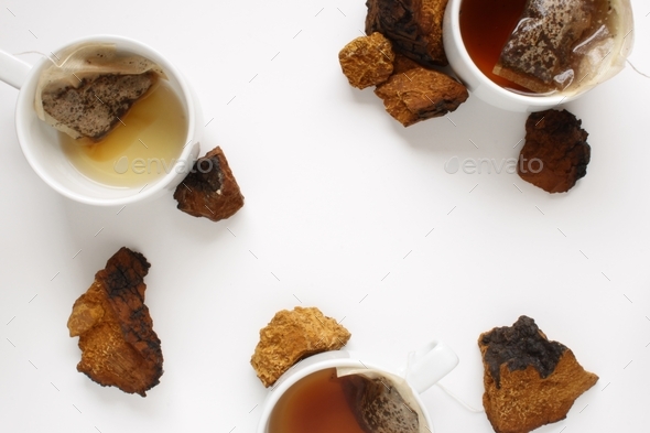 Chaga chunks with tea cups and tea bags on white background with copy ...