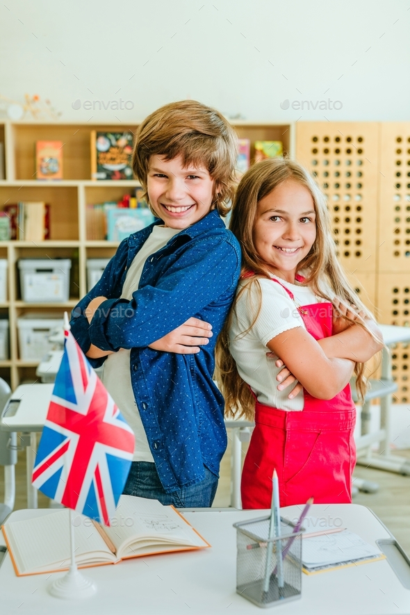 Elementary school students during an English lesson in the classroom ...