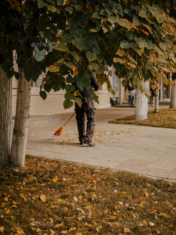 janitor sweeps the foliage in the fall on an outdoor city street Stock ...