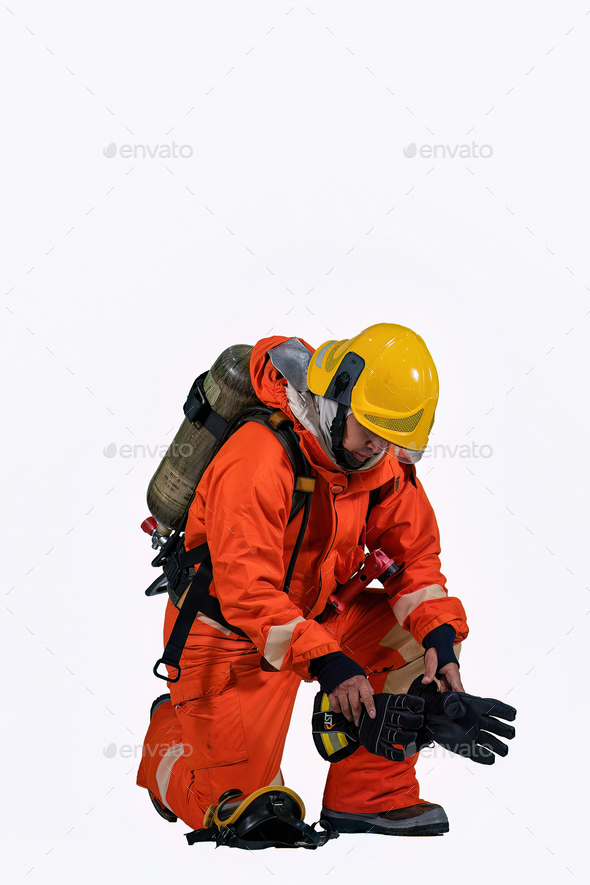 Fire man wearing fire protection suite and oxygen tank demonstration ...
