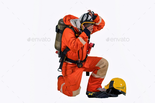 Fire man wearing fire protection suite and oxygen tank demonstration ...