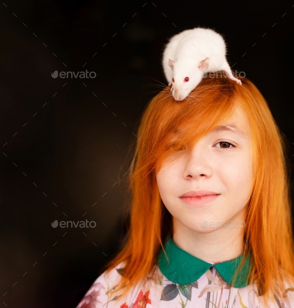 Ginger girl with white rat on her head Stock Photo by Lena_May | PhotoDune