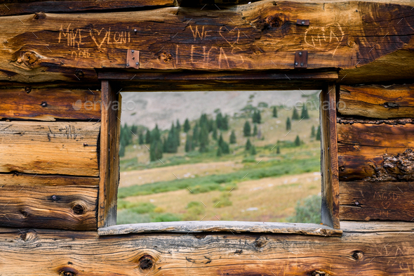 Beautiful mountain scenery seen through a window from a cabin Stock ...