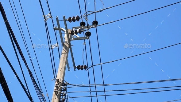 Single Electrical Power Column with Many Wired Connections Stock Photo ...