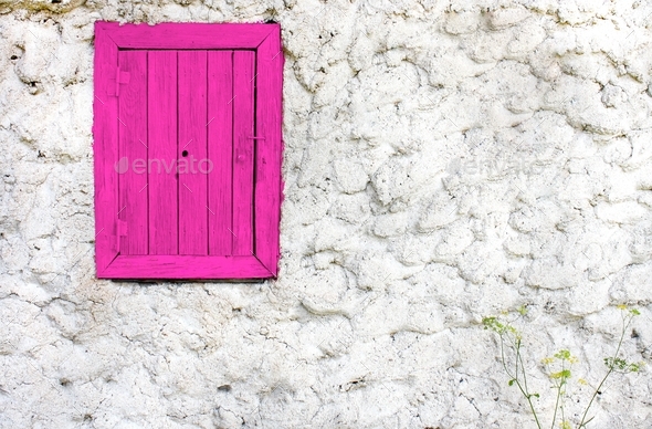 Pink window frame on white textured building wall Stock Photo by ...