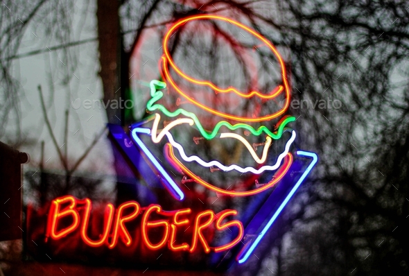 Street light, burger shop lights, neon lights Stock Photo by mirarahneva