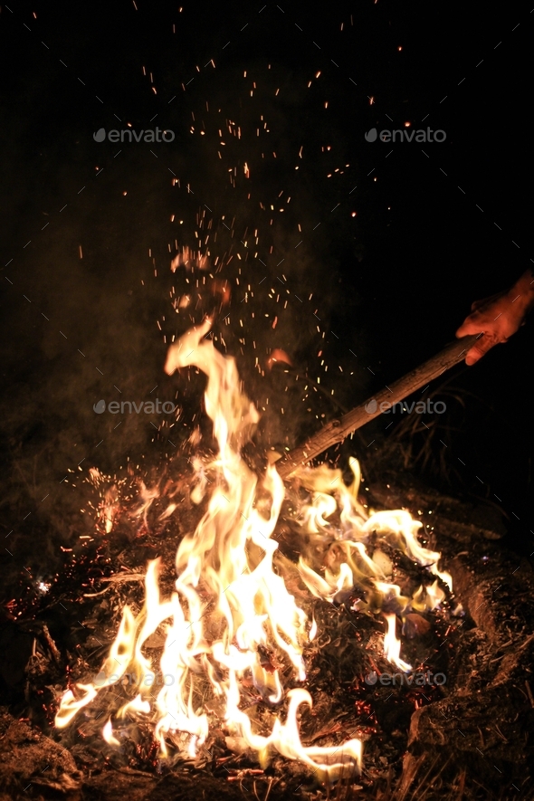 Hand holding wooden stick and campfire at the night Stock Photo by ...