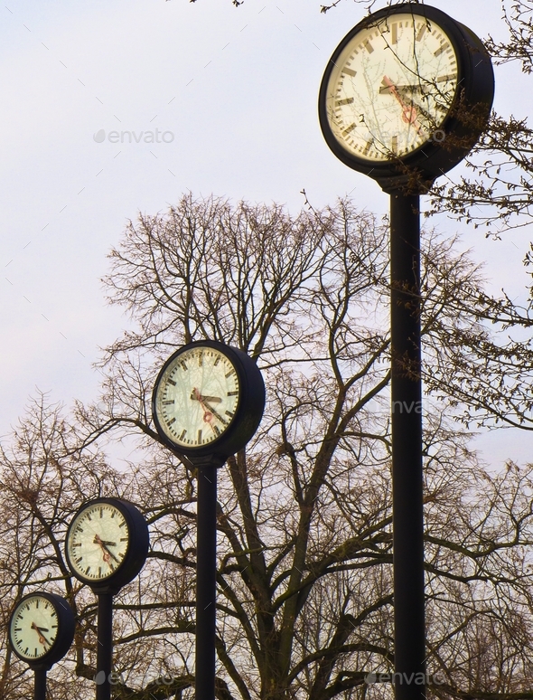 Some big clocks in a park in Düsseldorf/Germany showing the same time ...