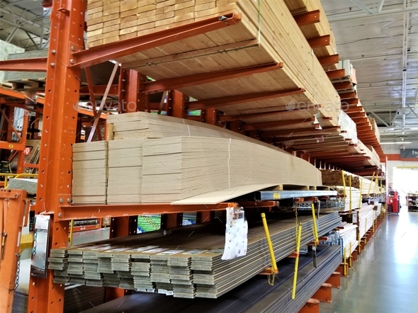 Construction! Shelves of lumber in various sizes, used in building and ...