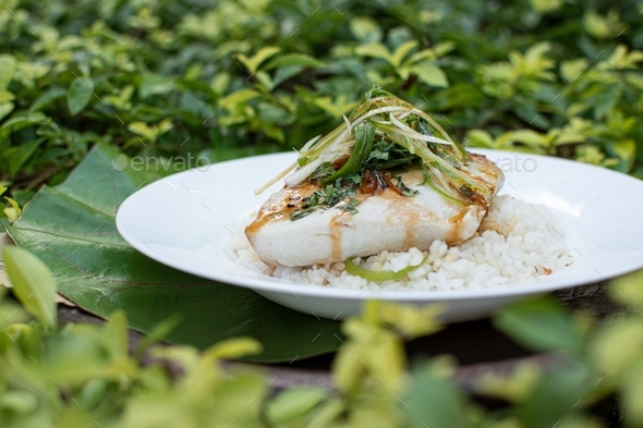 Steamed fish fillet, over white rice, with chives topping and honey and ...