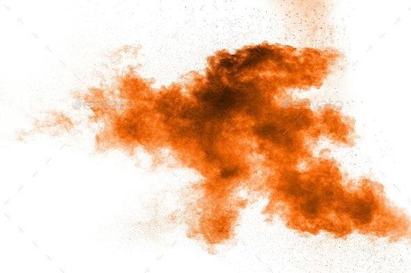 Orange color powder splatter on white background. Color particles ...