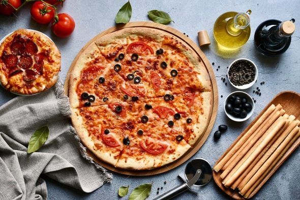 Food from above delicious pizza Italian food Stock Photo by nodar77