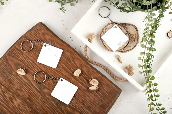 Keychain mockup to display design. Key chain mock up in cozy home ...
