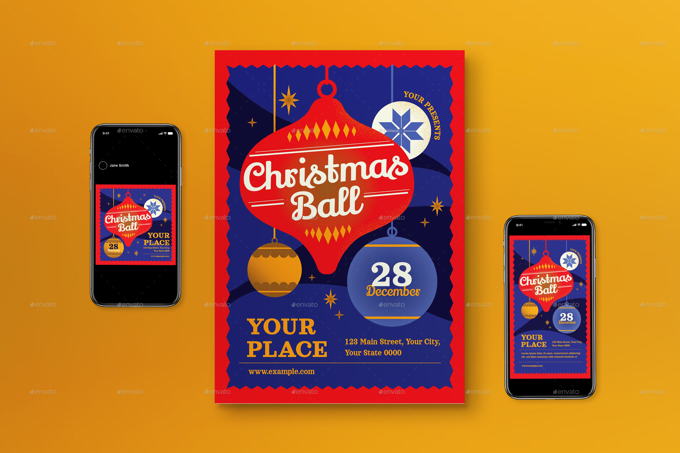 Red Mid Century Christmas Ball Flyer Set, Print Templates | GraphicRiver