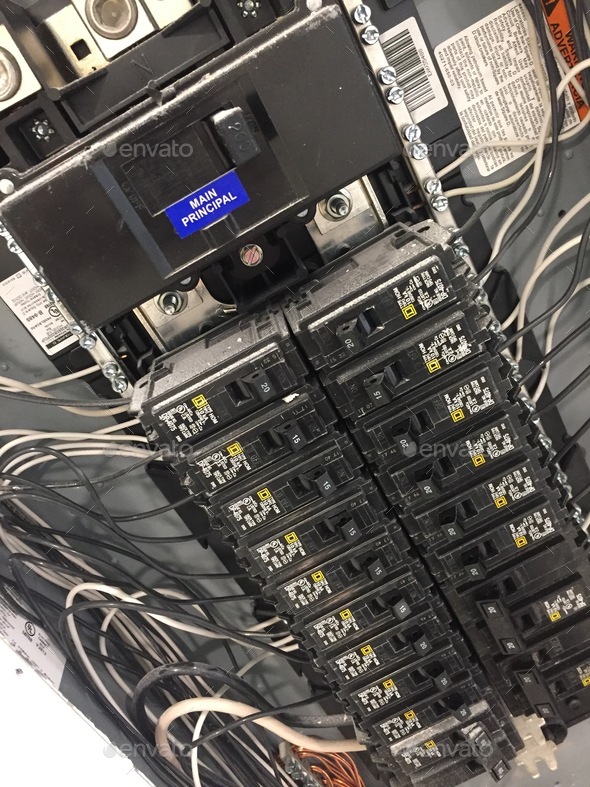 Circuit breaker electric panel box with wires in a residential home or ...