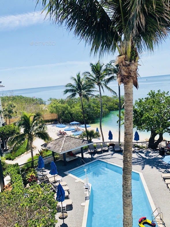 Aerial view of a tropical beach landscape with a swimming pool, beach ...