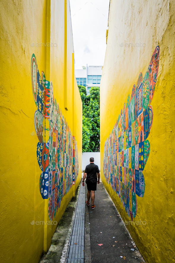 A man walking in between a pair of colourful wings wall mural. Stock ...