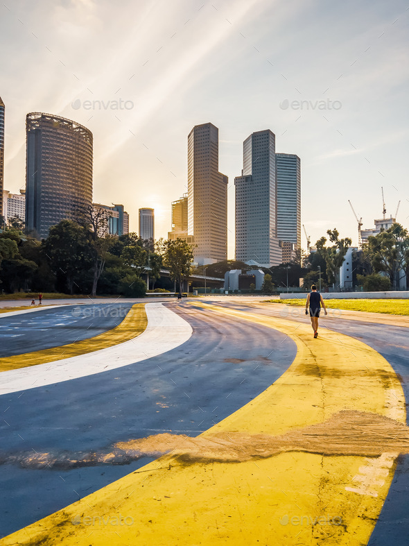 The road ahead. View of Suntec City Towers from the F1 Pit Building at ...