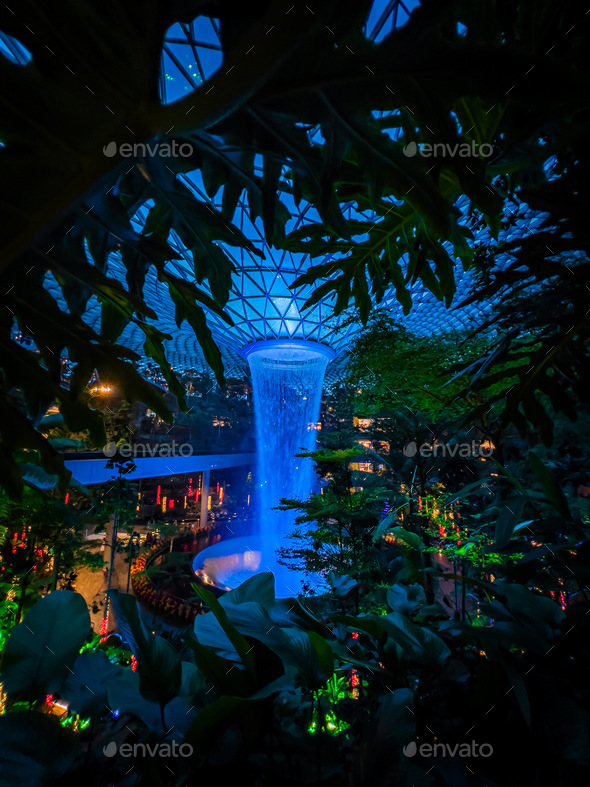 View of the magnificent HSBC Rain Vortex at Jewel Changi Airport at ...