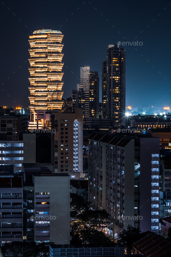View of The Concourse on Beach Road at night. Stock Photo by Javanng