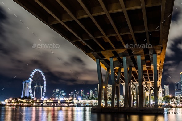 View of Marina Bay skyline from under the Benjamin Sheares Bridge in ...