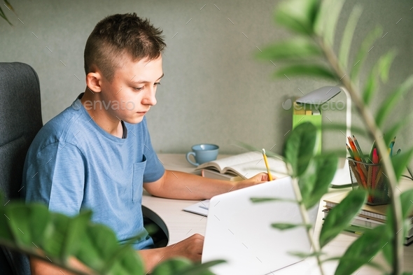 Laptop on the student's desk with the broadcast of the classroom. Stock ...