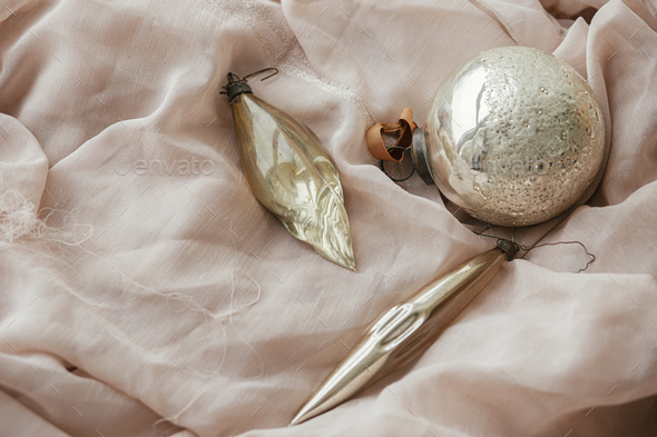 Christmas aesthetic banner. Christmas vintage ornaments on soft pastel ...